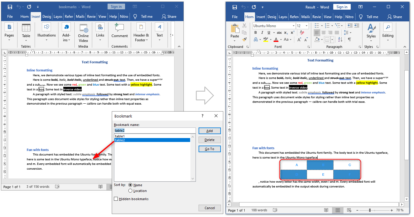 Insert a table in DOCX after a specific bookmark in C# and .NET